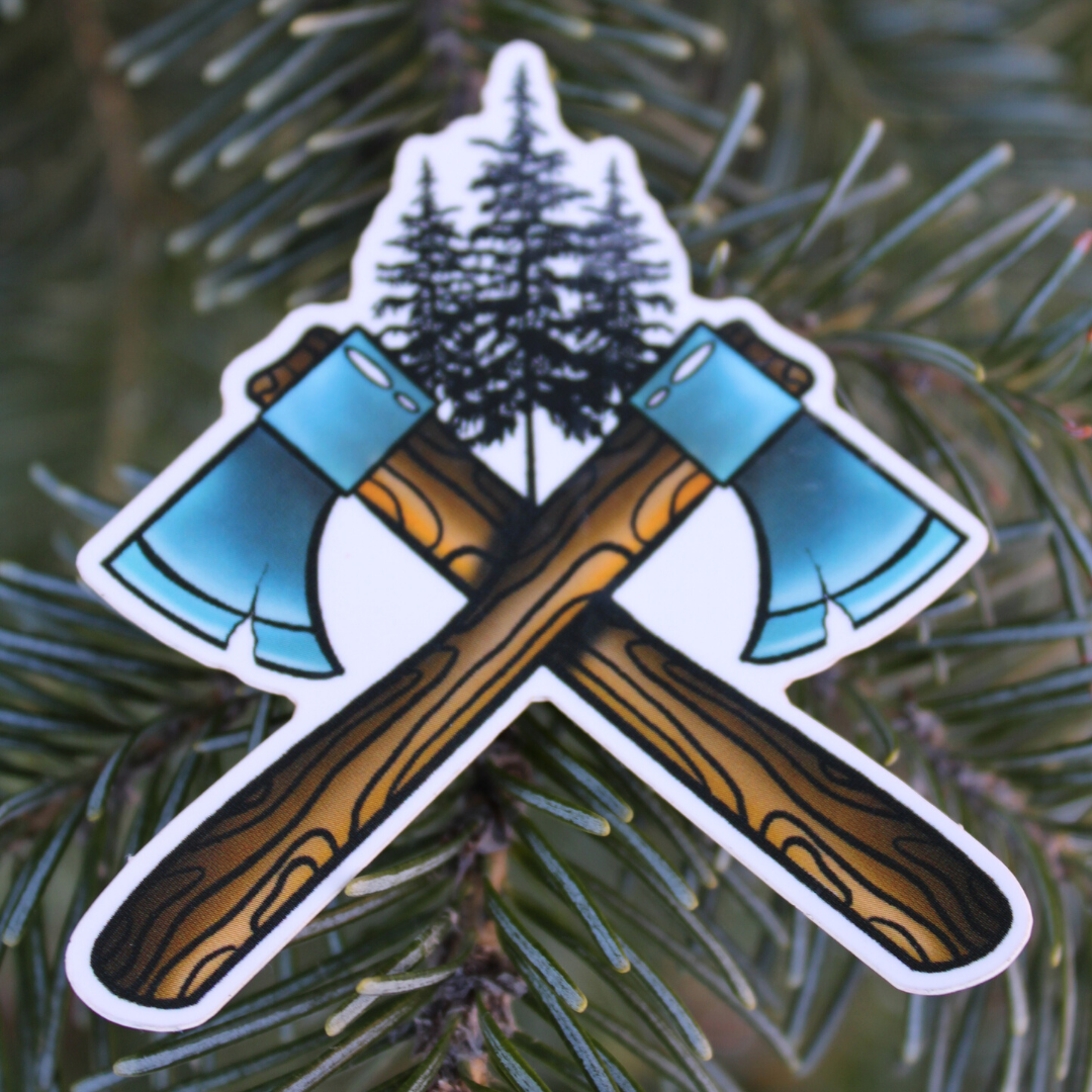 Crossed Hatchets Sticker – shop.generalstorespokane